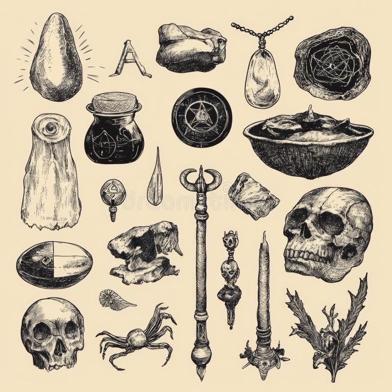 Vector Set of Hand Drawn Magic Objects. Witchcraft, Occult, Alchemy ...