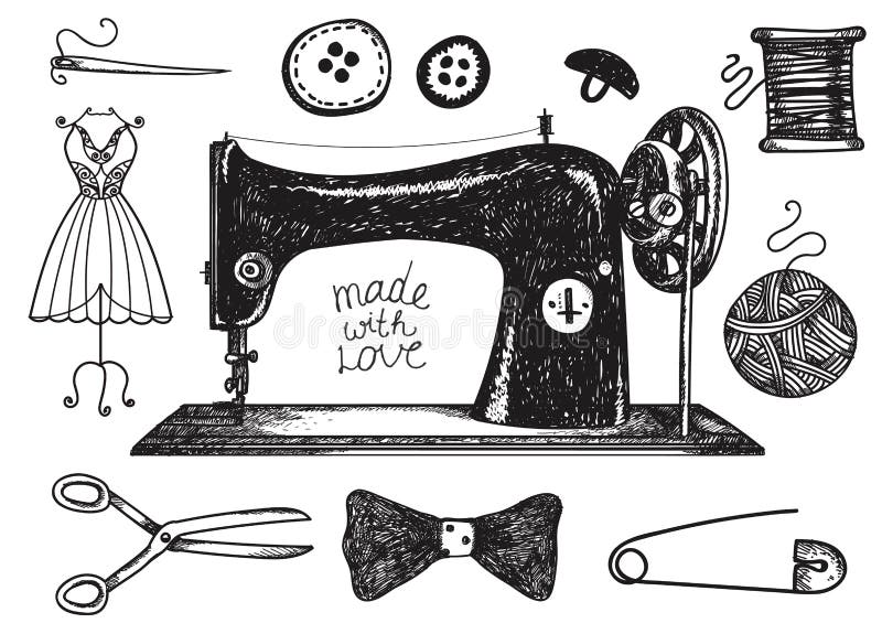 Vector Set of Hand Drawn Sewing Handcraft Vintage Elements. Stock ...