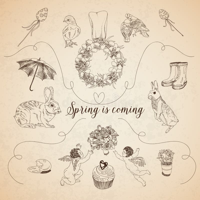 Vector Set of Hand Drawn Spring and Easter Stock Vector - Illustration ...