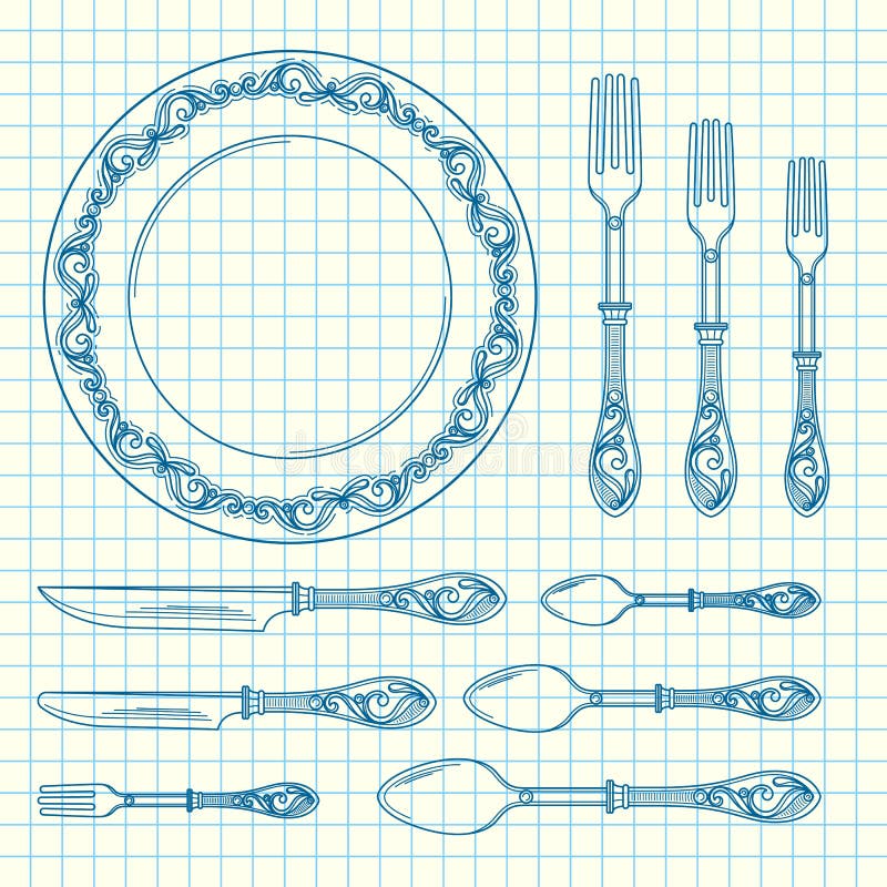 Vector Set of Hand Drawn Tableware Stock Vector - Illustration of cafe ...