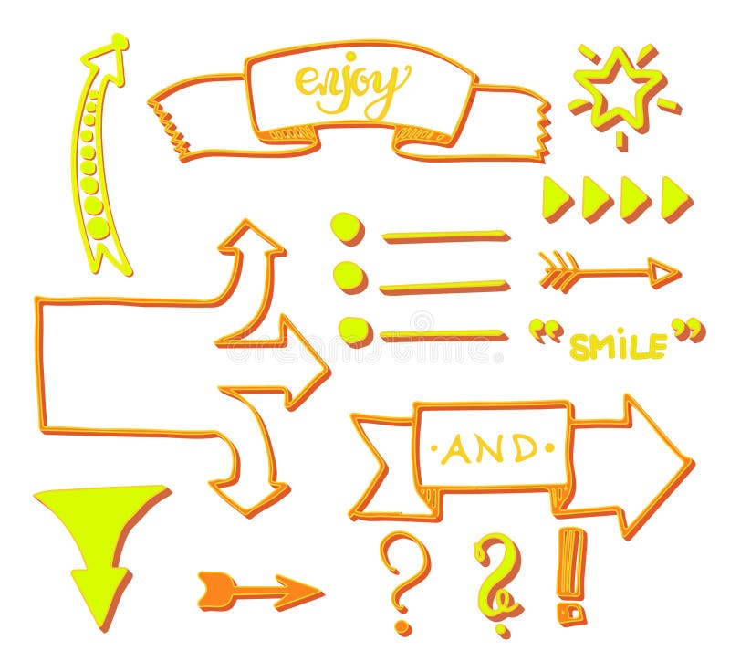 Vector Set of Hand Drawn Volume Elements: Arrows, Banners, Lists, Words ...