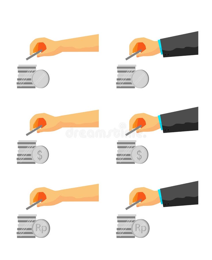 Simple Vector Set 6 Hand Saving or Taking Money Silver Coin, Isolated ...