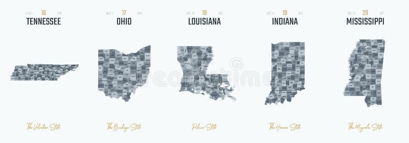 Set 1 of 5 Highly Detailed Vector Silhouettes of USA State Maps with ...
