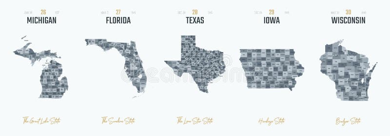 Set 1 of 5 Highly Detailed Vector Silhouettes of USA State Maps with ...