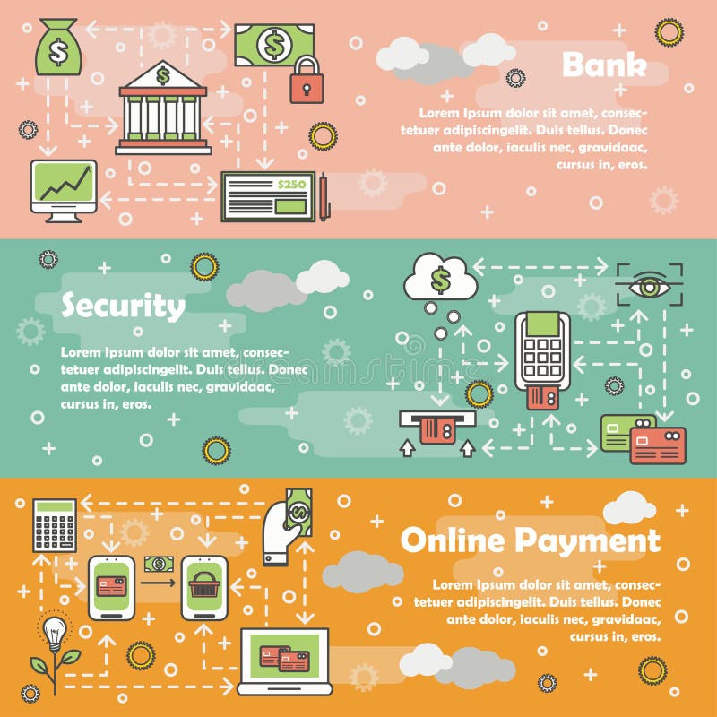 Banking Concept Vector Flat Line Art Banner Set Stock Vector ...