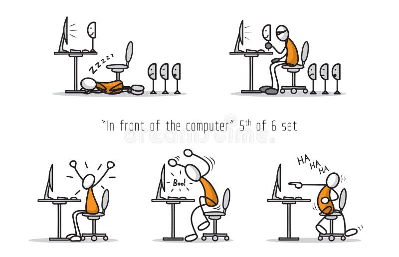 Vector Set of Humor Cartoon Man in Front of a Computer. Print ...
