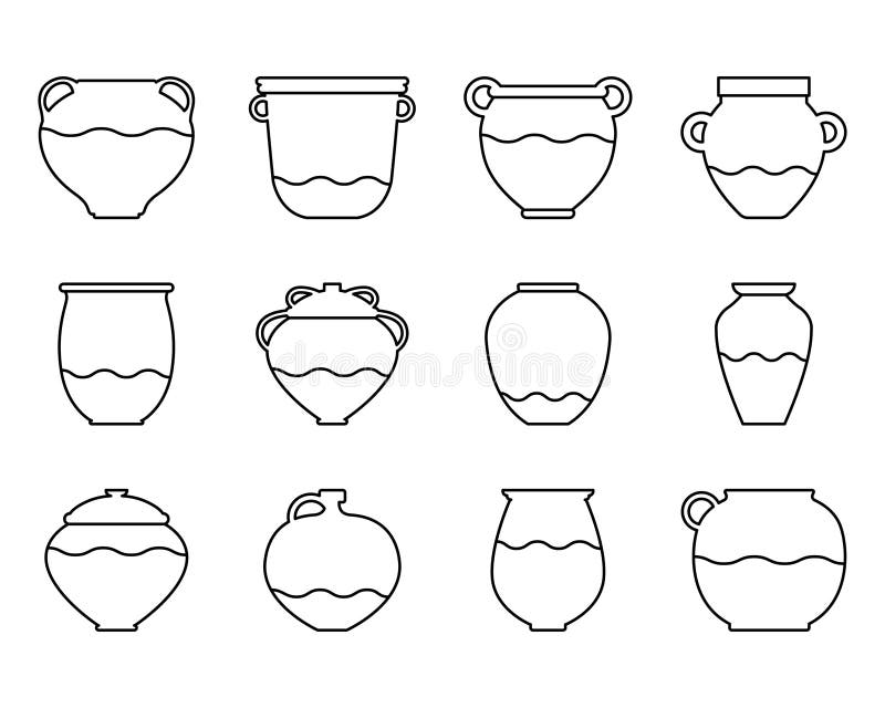 Vector Set Icon Ceramic Pot in Linear Style with Elements. Editable ...