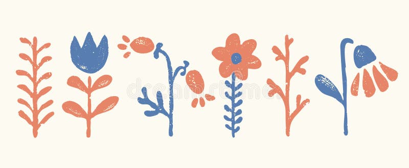Vector Set Icon of Vintage Flowers in Scandinavian Folk Style. Vector ...