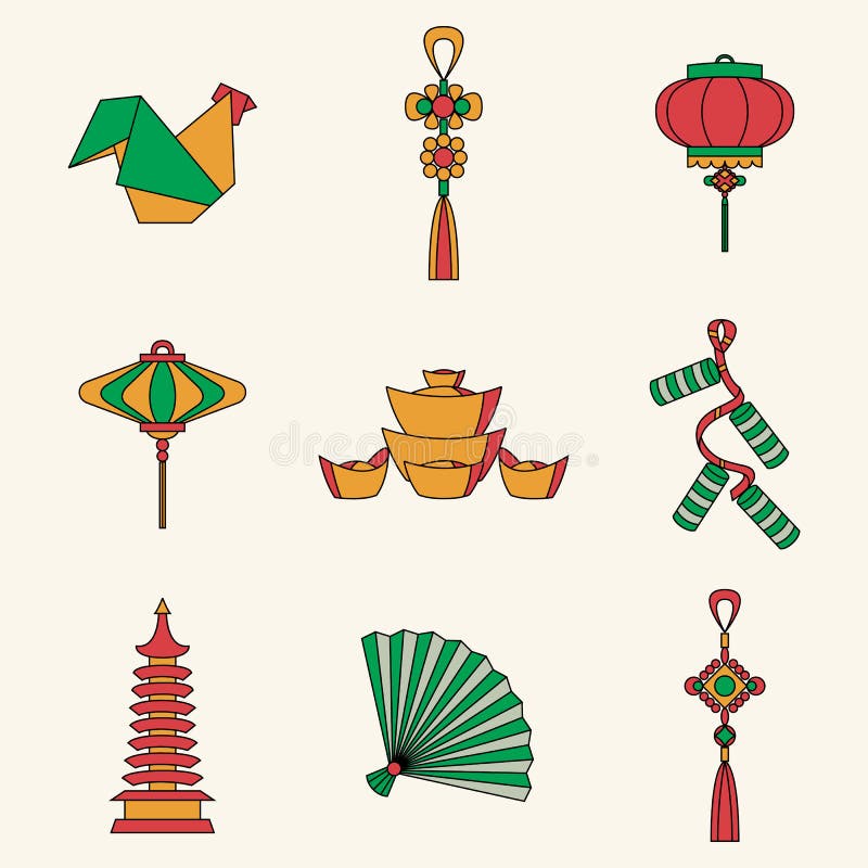 Vector Set Illustration of Chinese Symbols and Objects Stock Vector ...
