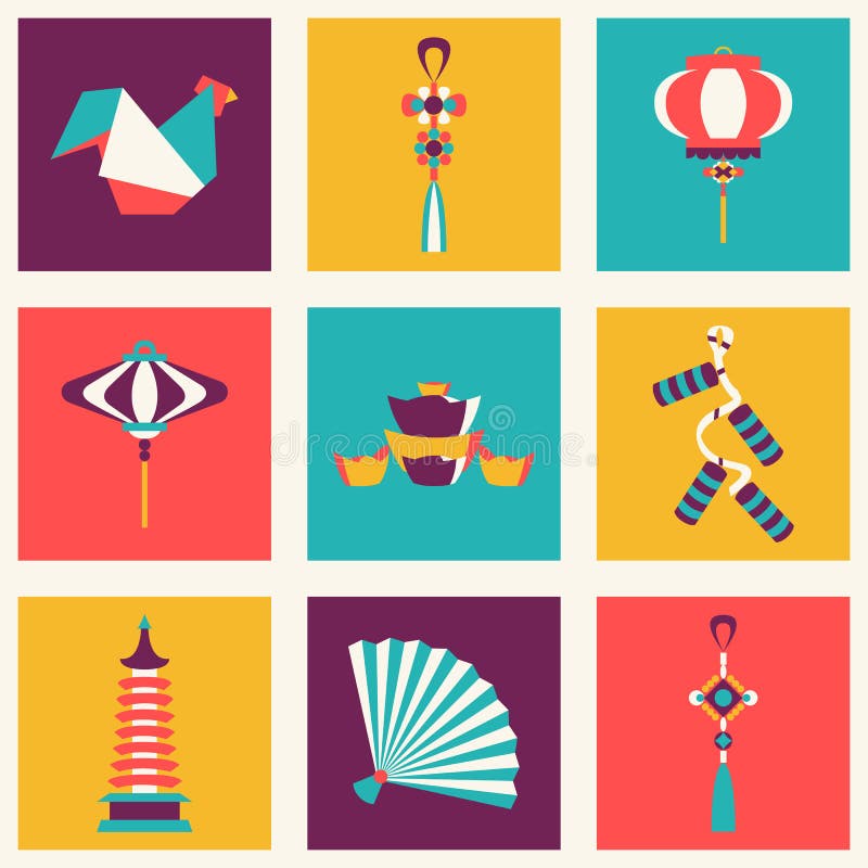 Vector Set Illustration of Chinese Symbols and Objects Stock ...