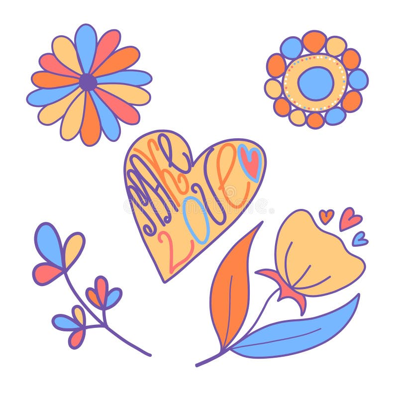Vector Set of Illustrations with a Flower and the Inscription Make Love ...
