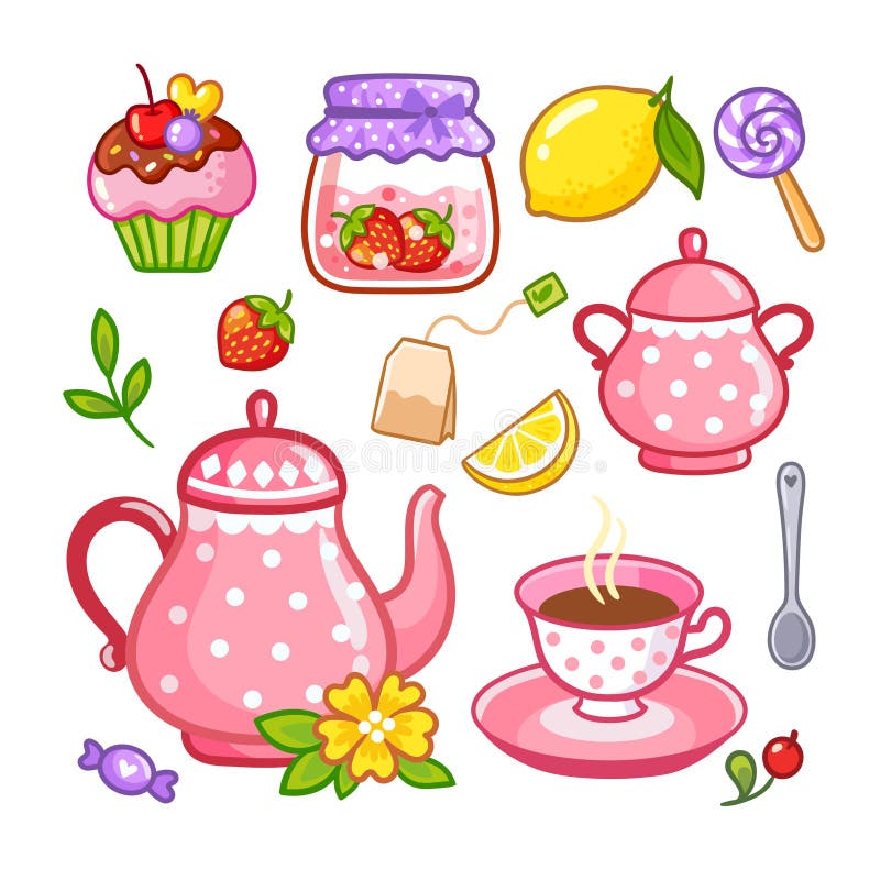 Vector Set of Illustrations on a Tea Theme and Tea Utensils. Cute ...