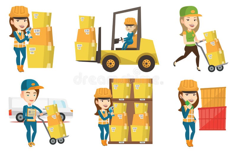 Set of Female Warehouse Workers Stock Vector - Illustration of logistic ...