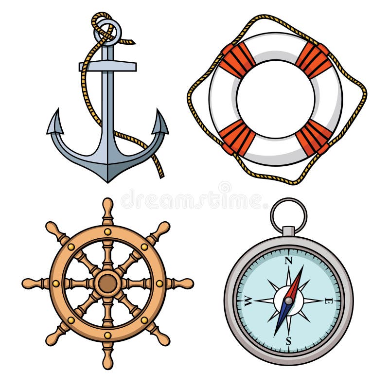 Vector Set with Isolated Anchor, Lifebuoy, Ships Wheel, Compass. Stock ...