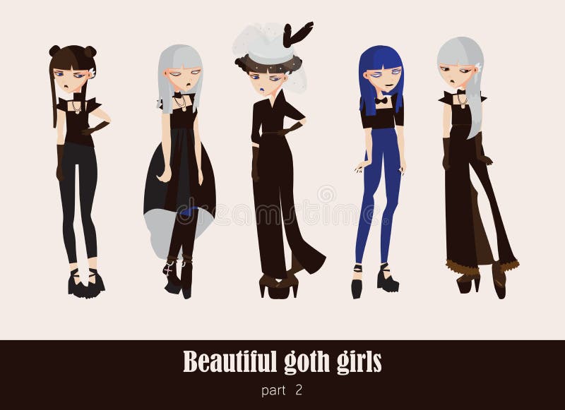 Vector Set With Isolated On Background Gothic Girls Goth Clothes In Dark Colors With Different