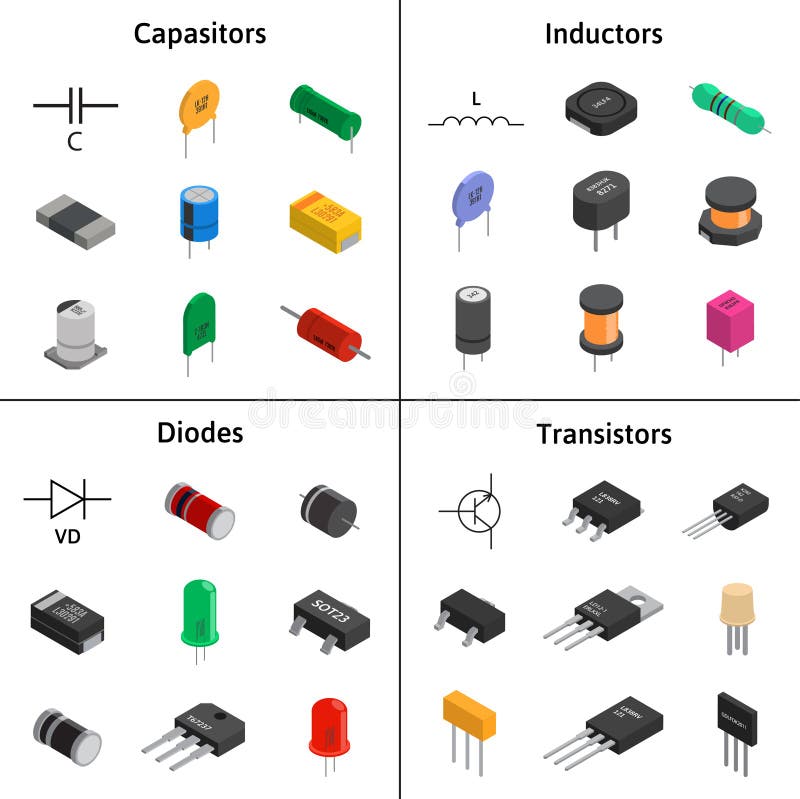 Vector Set Of Izometric Electronic Components Capacitors Diode Stock