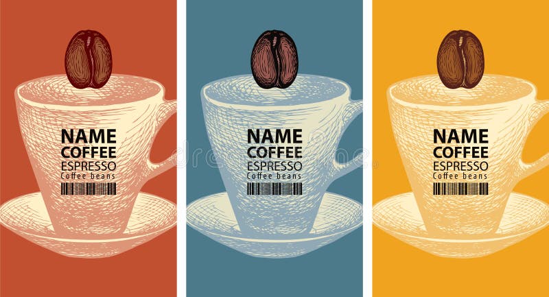 Coffee Labels with Cups, Coffee Beans and Barcodes Stock Vector ...