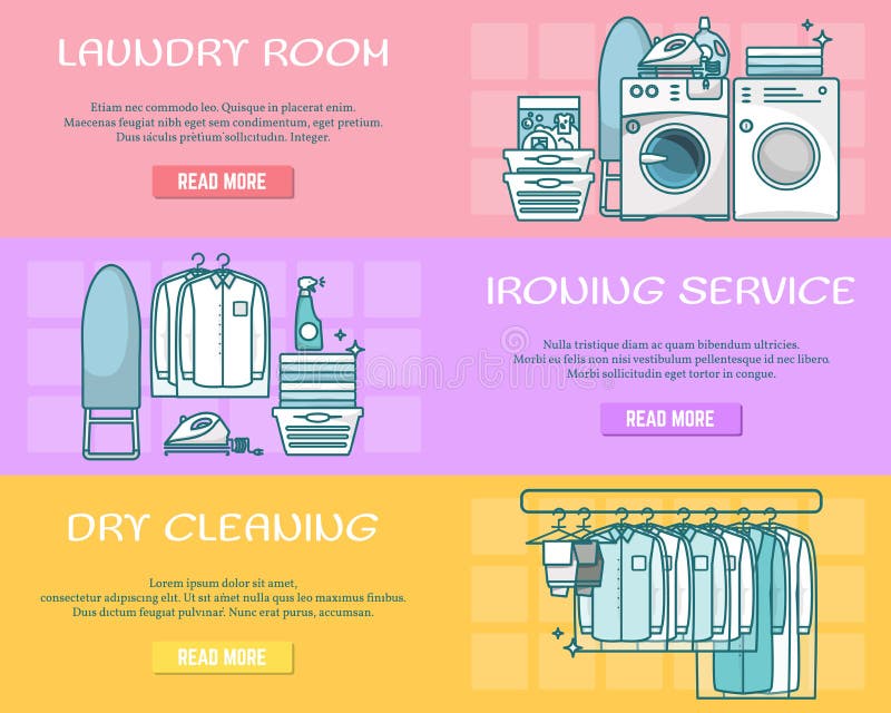 Vector Set of Laundry Horizontal Banners in Linear Style Stock Vector ...