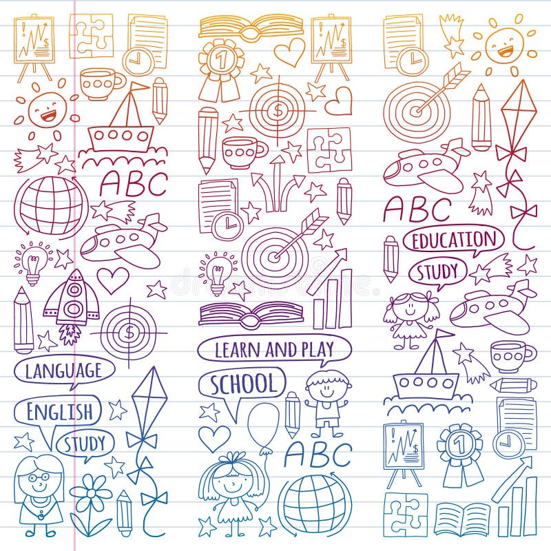 Vector Set of Learning English Language, Children`s Drawingicons in ...