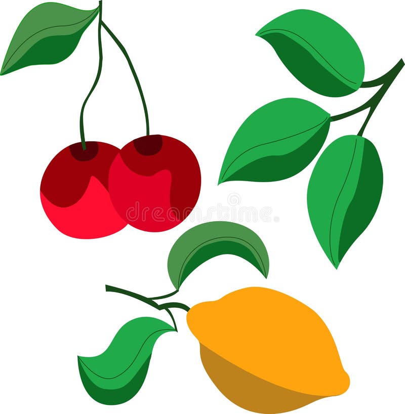 Vector Set of Lemon, Cherries and Leaves Stock Vector - Illustration of ...