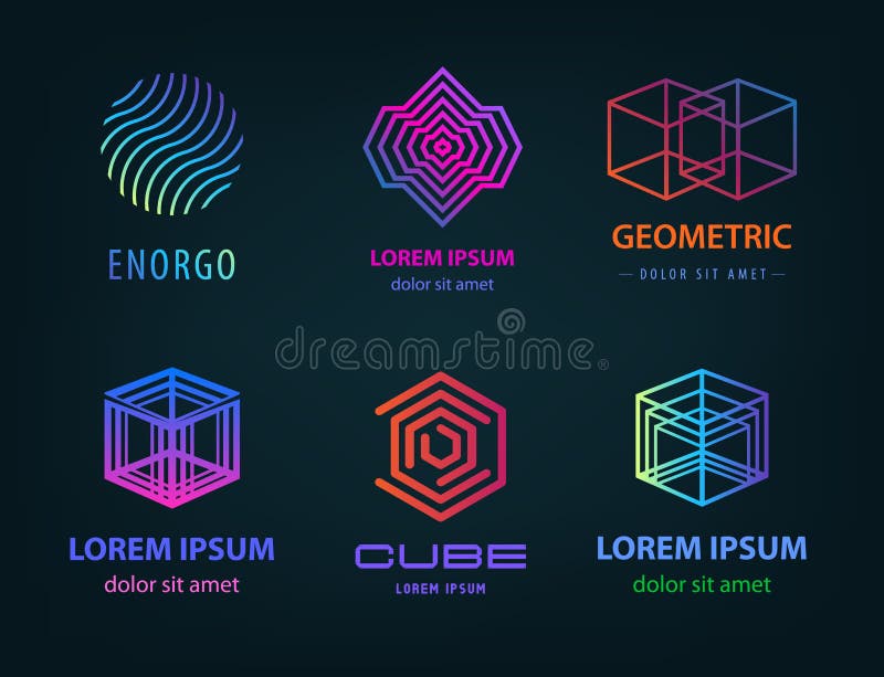 Vector Set of Linear Abstract Geometric Logos. Cube Outline Retro 90 S ...