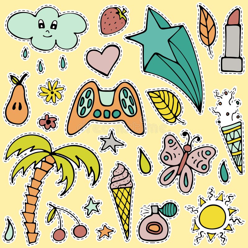 Vector Set of Lovely Hand-drawn Stickers. Stock Vector - Illustration ...
