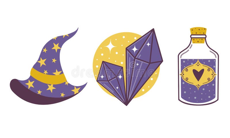 Vector Set of Magic Elements. Wizard Hat, Rhinestone and Love Potion ...