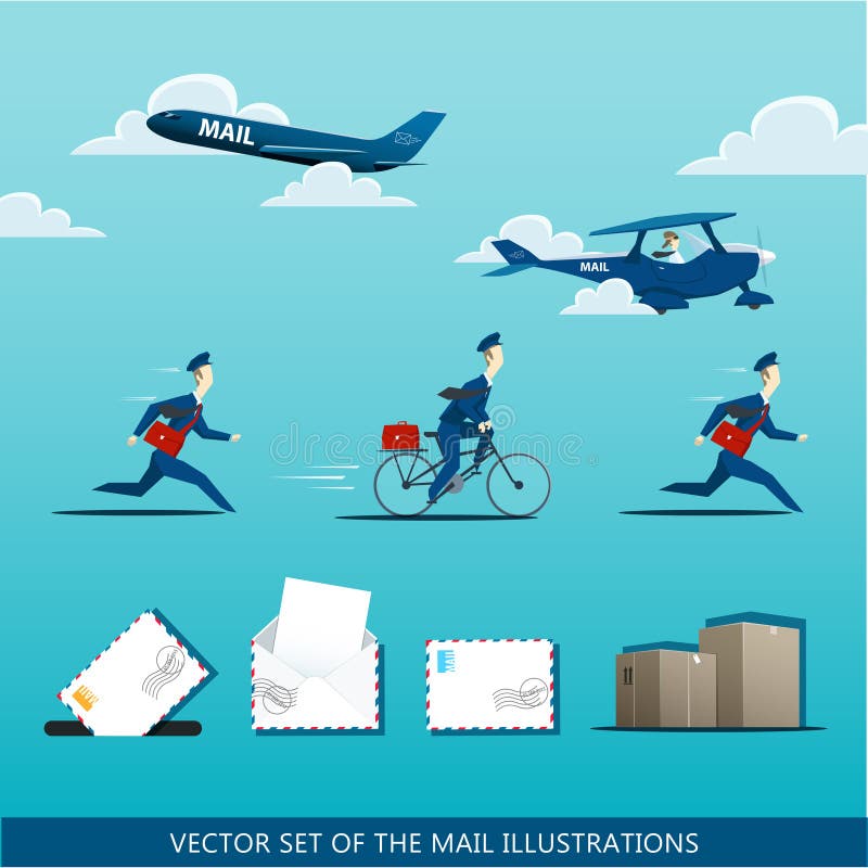 Vector Set of the Mail Illustrations with Postman, Air Mail Plan Stock ...