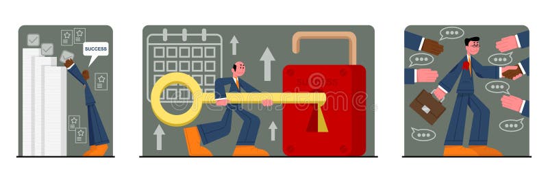 Vector Set of Man Performs Tasks One by One, Opens Lock with Key with ...