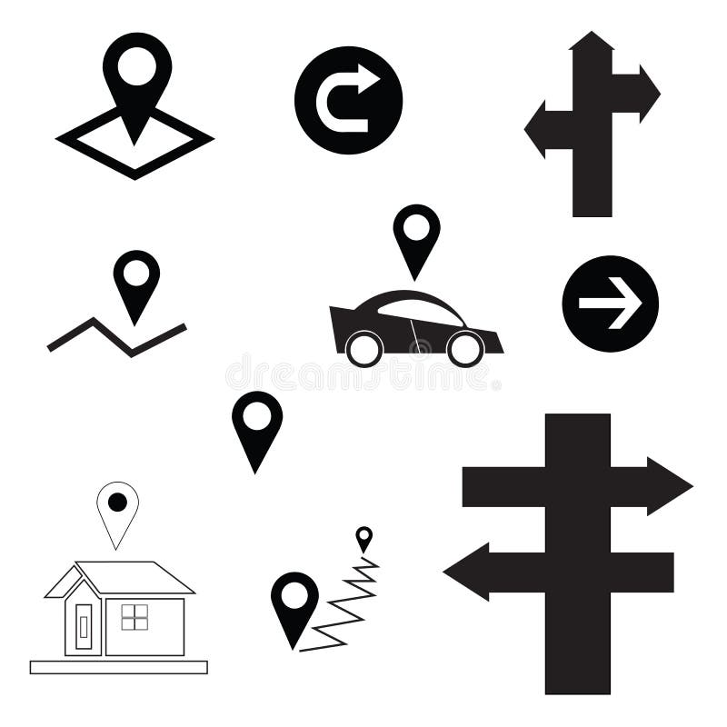 Vector Set with Map Sign, Arrow, Car, House, Direction Signpost Stock ...