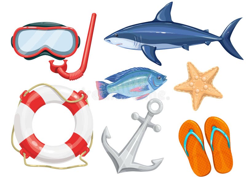 Set of Marine Beach Objects Stock Vector - Illustration of beach, rope ...