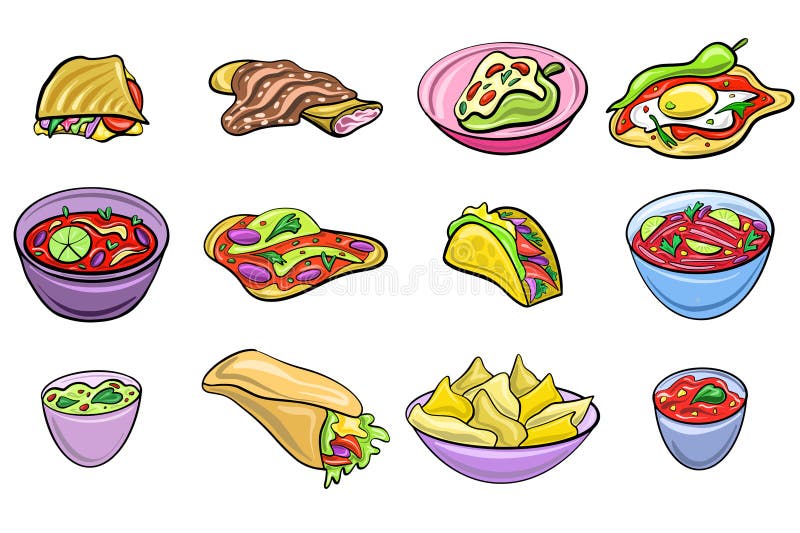 Vector Set of Mexican Dishes in a Cartoon Flat Style. Stock Vector ...