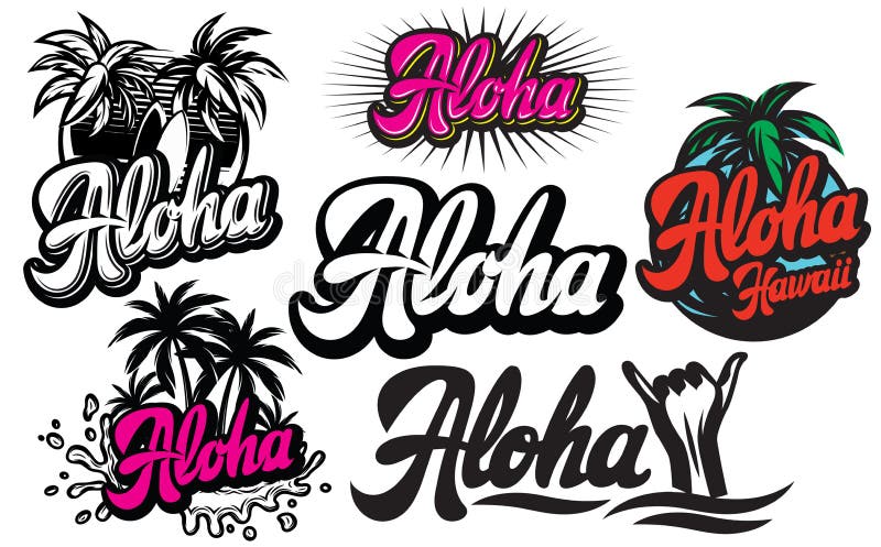 Vector Set of Monochrome Illustrations on Aloha with a Palm Stock ...
