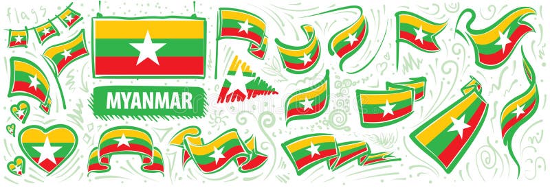 Vector Set of the National Flag of Myanmar in Various Creative Designs ...