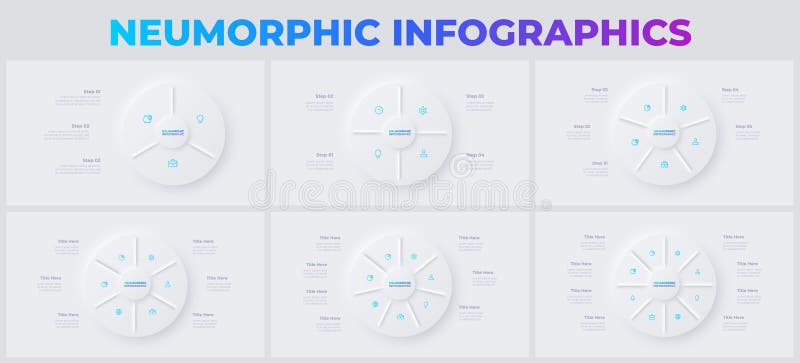 Vector Set of Neumorphism Infographic Cycle Elements with 3, 4, 5, 6, 7 ...