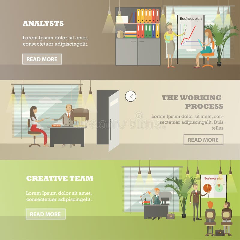 Vector Set of Office Concept Horizontal Banners in Flat Style. Stock ...