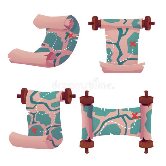 Vector Set of Old Scrolls with Landscape Treasure Maps with Marked Path ...