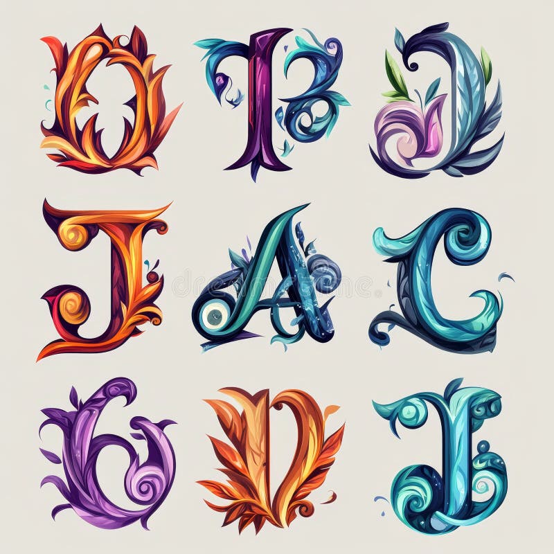 Vector Set of Ornate Letters with Floral Elements in Retro Style. Stock ...