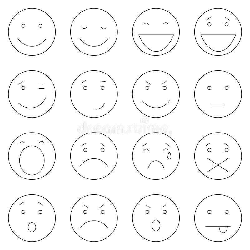 Vector Set of 16 Outline Emoticons Stock Vector - Illustration of black ...