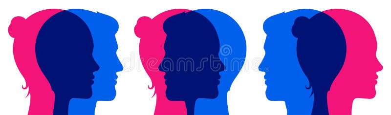 Vector Set of Overlapping Man and Woman Heads, Looking at the Same and ...