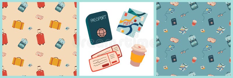 Vector Set of Patterns and Travel Poster with Passport, Tickets, Map ...
