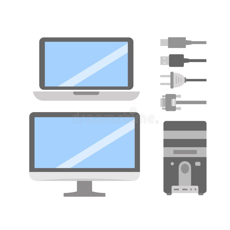 Vector Set of PC Flat Icons. Cable Wire Computer and Electricity Plug ...