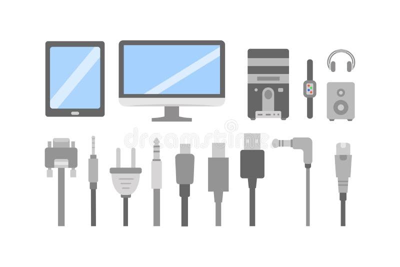 Vector Set of PC Flat Icons. Cable Wire Computer and Electricity Plug ...