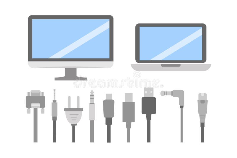 Vector Set of PC Flat Icons. Cable Wire Computer and Electricity Plug ...