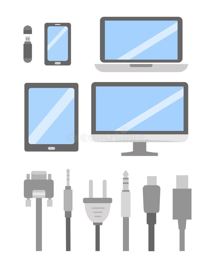Vector Set of PC Flat Icons. Cable Wire Computer and Electricity Plug ...