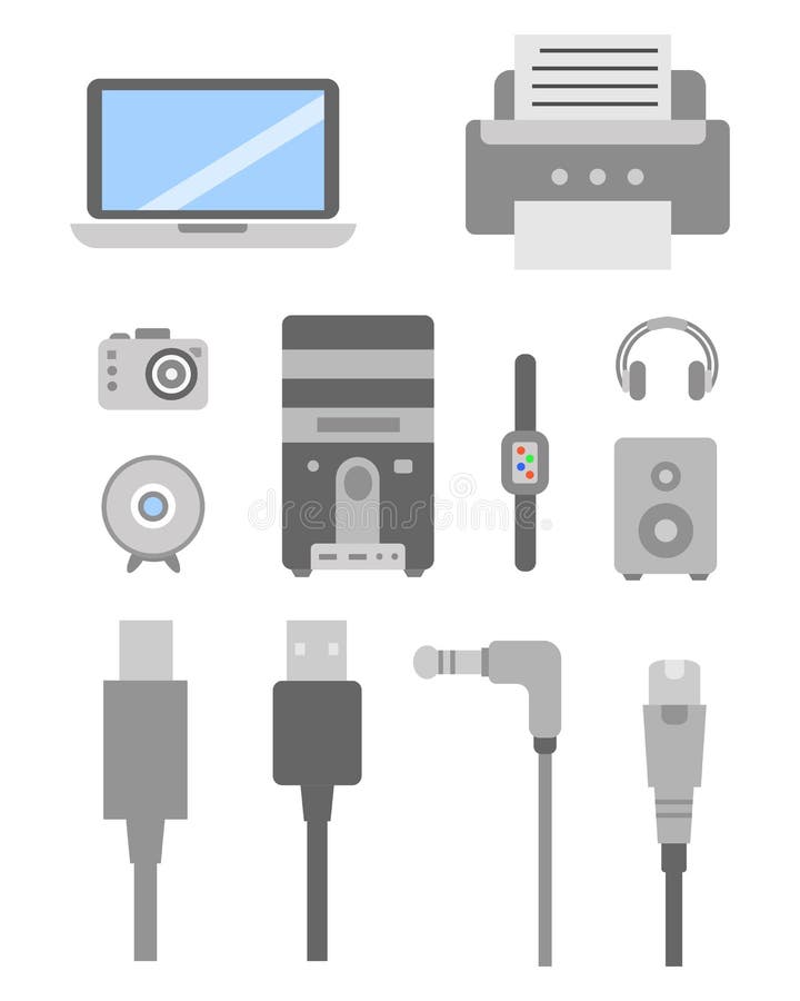 Vector Set of PC Flat Icons. Cable Wire Computer and Electricity Plug ...