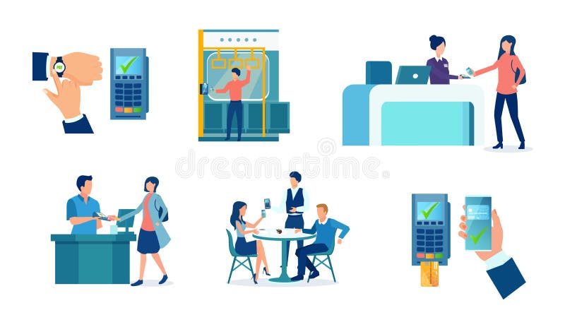 Vector Set People Paying for Services with Smartphones or Smart Watches ...