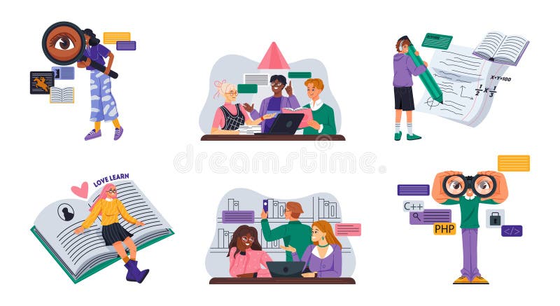 Vector Set of People Studying Stock Vector - Illustration of training ...
