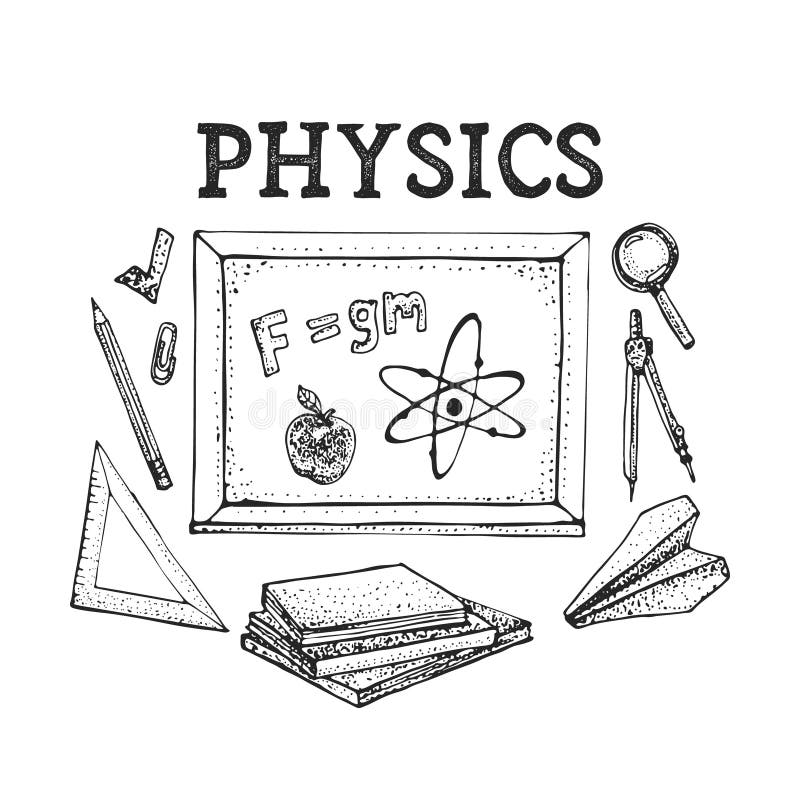 Physics Doodle with Light Prism, Books, Atom. Circle Frame with Space ...