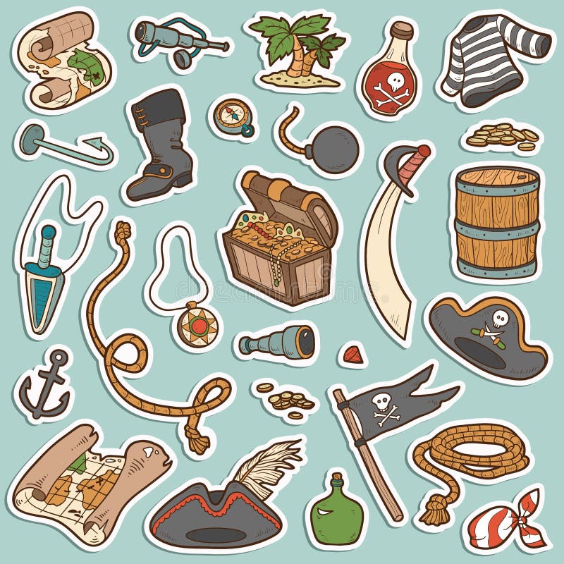 Vector Set of Pirate Items, Colorful Cartoon Collection Stock Vector ...